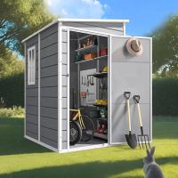 China Custom Logo Lockable Garden Storage Shed 65 cu ft Sloped Roof PP Metal Outdoor Tool Shed for sale