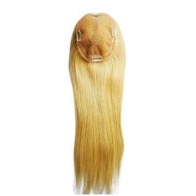 China Mono Base PU European Human Hair Topper 5.5x6 inch Straight Blonde Clip On Hairpiece for Women for sale