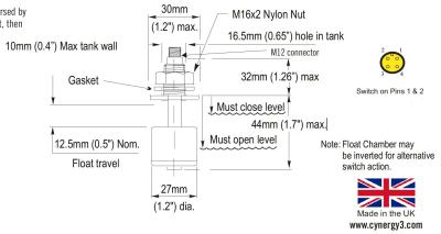 China Vertical float switch Sensata RSF154YFP with M12 circular connector offering liquid sensing in tanks for sale