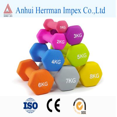 China Colorful Vinyl Neoprene Coated Hexagon Rubberised Dumbbells for sale