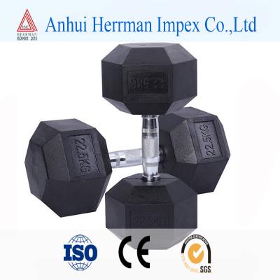 China Customizable Fitness Hex Rubber Dumbbell Set Black Rubber Coated Hexagonal Gym Dumbbells for sale