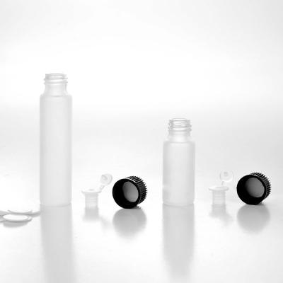 China Frosted Glass Essential Oil Bottle 5ml 10ml Amber Reagent Sample Vial with Black Cap for sale