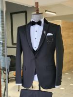 China Black Custom Tuxedo Suit 65% Viskon 35% Polyester With Velvet Collar Detail Vest Tuxedo for sale