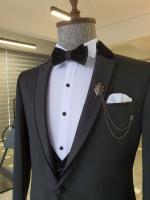 China Black Custom Tuxedo Suit 65% Viskon 35% Polyester With Velvet Collar Detail Vest Tuxedo for sale