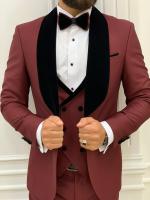 China Lazio Burgundy Mens Tuxedo Suit Slim Fit Velvet Shawl Lapel Tuxedo for sale