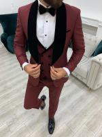 China Lazio Burgundy Mens Tuxedo Suit Slim Fit Velvet Shawl Lapel Tuxedo for sale