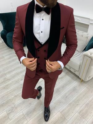 China Lazio Burgundy Mens Tuxedo Suit Slim Fit Velvet Shawl Lapel Tuxedo for sale