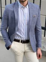 China Slim Fit Self Patterned Blue Business Casual Blazer Outfit for sale