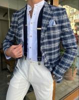 China 65% Viscose 32% Pes 3% Elastane Male Suit Jacket Dark Blue Plaid Blazer for sale