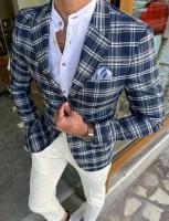 China 65% Viscose 32% Pes 3% Elastane Male Suit Jacket Dark Blue Plaid Blazer for sale