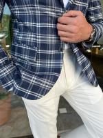 China 65% Viscose 32% Pes 3% Elastane Male Suit Jacket Dark Blue Plaid Blazer for sale