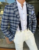 China 65% Viscose 32% Pes 3% Elastane Male Suit Jacket Dark Blue Plaid Blazer for sale