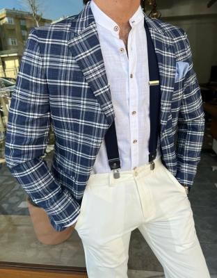 China 65% Viscose 32% Pes 3% Elastane Male Suit Jacket Dark Blue Plaid Blazer for sale