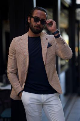 China Double Breasted Camel Mens Casual Business Jacket No Tie for sale