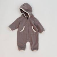 China French Terry Beige New Born Rompers Baby Pocket Hooded Zip Up Jumpsuit for sale