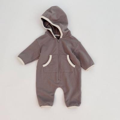 China French Terry Beige New Born Rompers Baby Pocket Hooded Zip Up Jumpsuit for sale