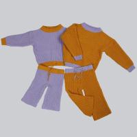 China Customized Long Sleeve Chunky Color Block Sweater 2PCS 100% Cotton Contrast Knit Wear Jumper Knit Long Pants Kids for sale
