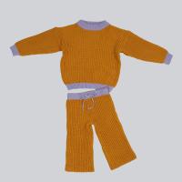China Customized Long Sleeve Chunky Color Block Sweater 2PCS 100% Cotton Contrast Knit Wear Jumper Knit Long Pants Kids for sale