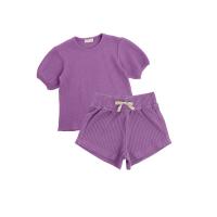China 2 PCS Waffle Short Puff Sleeve Tshirts 100% Cotton 6T Casual for sale