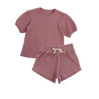 China 2 PCS Waffle Short Puff Sleeve Tshirts 100% Cotton 6T Casual for sale