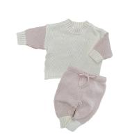 China Custom Knitted 2 Piece Set 100% Cotton Baby Color Block Relaxed Fit With Drawstring Knit Pants Toddler Sleep Wear for sale