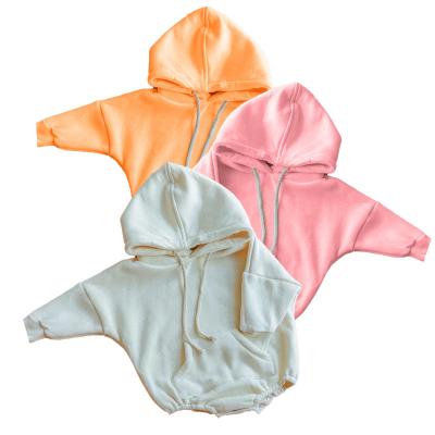 China Relaxed Fit New Born Rompers Fleece Rompers With Draw String Hood Toddlers Playsuit Daily Dressing 100% Cotton for sale