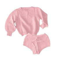 China Relaxed Fit 2 PCS Knit Wear Puff Sleeves Sweater Drawstring Knit Shorts 100% Cotton Kids Wear for sale