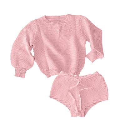 China Relaxed Fit 2 PCS Knit Wear Puff Sleeves Sweater Drawstring Knit Shorts 100% Cotton Kids Wear for sale