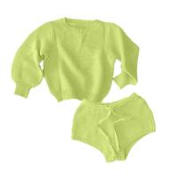 China Relaxed Fit 2 PCS Knit Wear Puff Sleeves Sweater Drawstring Knit Shorts 100% Cotton Kids Wear for sale
