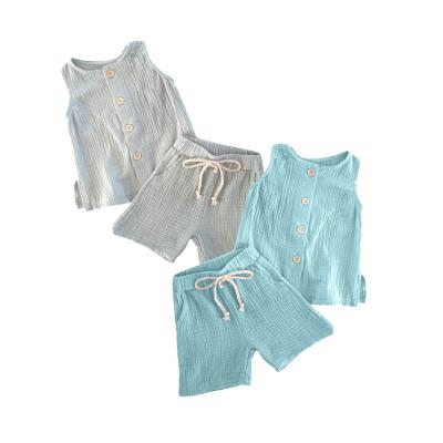 China Neutral Baby Button Down Sleeveless Top 100% Muslin Cotton Drawstring Shorts for sale