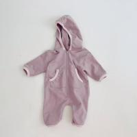 China French Terry Beige New Born Rompers Baby Pocket Hooded Zip Up Jumpsuit for sale