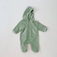 China French Terry Beige New Born Rompers Baby Pocket Hooded Zip Up Jumpsuit for sale