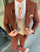 China Brown Groom 3pc Tuxedo Suit Mono Collar Slim Cut For New Season for sale