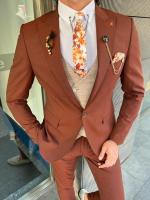 China Brown Groom 3pc Tuxedo Suit Mono Collar Slim Cut For New Season for sale