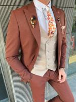 China Brown Groom 3pc Tuxedo Suit Mono Collar Slim Cut For New Season for sale