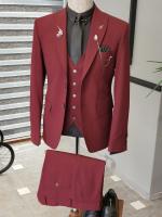 China 46 48 50 52 54 56 Custom Tuxedo Suit Maroon 3 Piece Tuxedo Slim Fit Stretch Suit Vest Claret Red for sale
