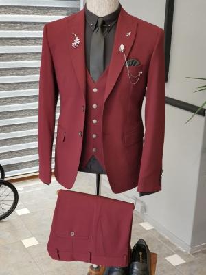 China 46 48 50 52 54 56 Custom Tuxedo Suit Maroon 3 Piece Tuxedo Slim Fit Stretch Suit Vest Claret Red for sale