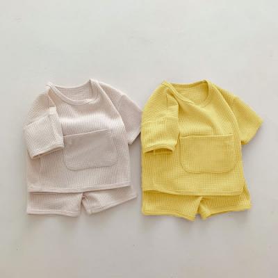 China Custom Toddlers Waffle Fabric Two Pieces Shorts Set Cotton Tee And Shorts Embroidery Tshirts Set Summer Kids Loungewear for sale