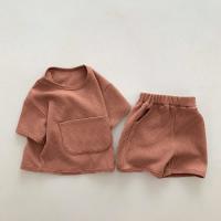 China Custom Toddlers Waffle Fabric Two Pieces Shorts Set Cotton Tee And Shorts Embroidery Tshirts Set Summer Kids Loungewear for sale