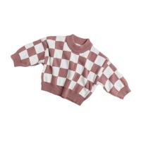 China 2PCS Customized Checkerboard Sweater Set Hand Knit Long Pants 100% Cotton Knit Wear For Little Girls for sale