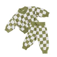 China 2PCS Customized Checkerboard Sweater Set Hand Knit Long Pants 100% Cotton Knit Wear For Little Girls for sale