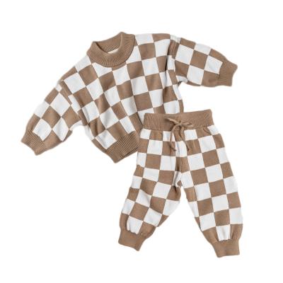 China 2PCS Customized Checkerboard Sweater Set Hand Knit Long Pants 100% Cotton Knit Wear For Little Girls for sale