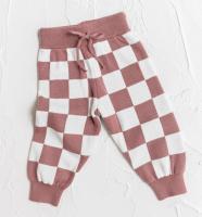 China 2PCS Customized Checkerboard Sweater Set Hand Knit Long Pants 100% Cotton Knit Wear For Little Girls for sale