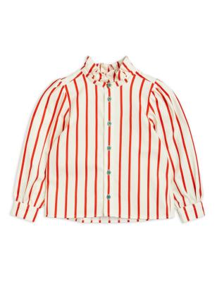 China Christmas Girls Cotton Striped Woven Ruffle Neck Blouse with Contrast Button for sale