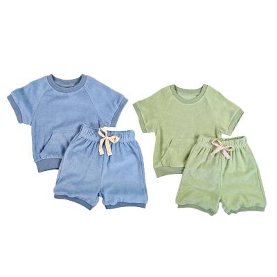 China Custom Neutral Kids Terry Towel Fabric Tee Shirts & Shorts Set Toddlers Casual Daily Wear Beach Wear Summer Two Pieces for sale