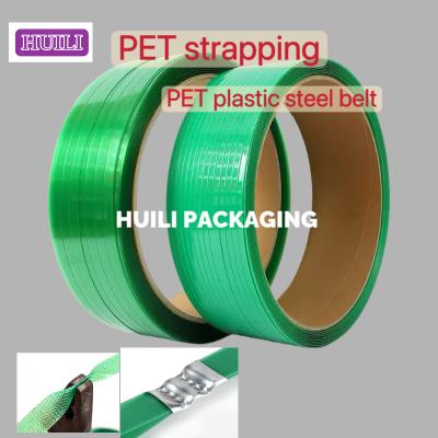 China PET packaging band 9-32 mm Green PET plastic steel band for brickworks strapping for sale