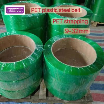 China 9-25mm PET packaging band Green pallet PET plastic steel band for brickworks strapping for sale