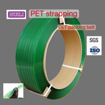 China Automatic PET strapping belt green 9-25mm PET plastic steel strap for pneumatic strapping tools for sale
