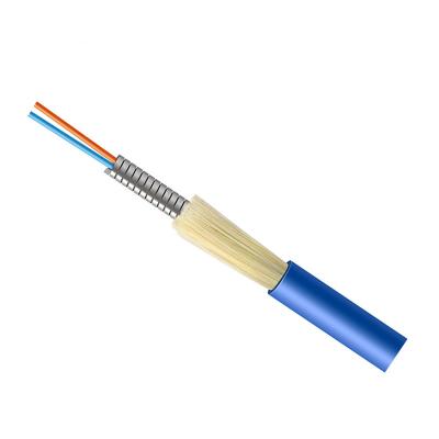 China Indoor Metal Armored 2 Core Single-Mode Fiber Optic Cable G657A1 3.0mm PVC Blue Jacket for sale