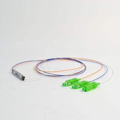 China 1 In 2 Out Fibre Optic Cable Splitter 1x2 PLC Mini Steel Tube 0.9mm SC/APC Connector for sale